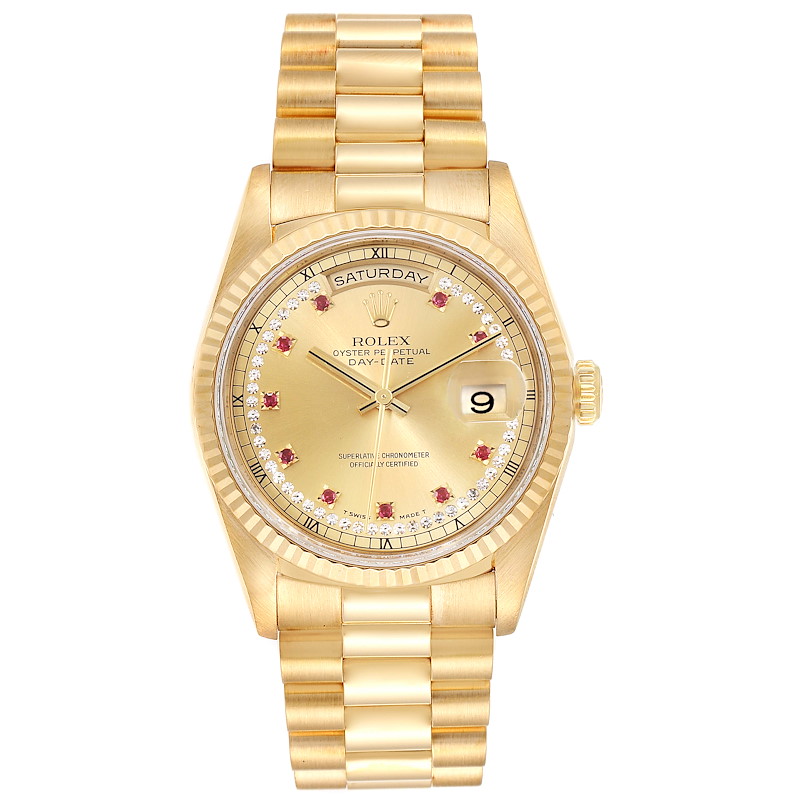 Rolex President Day-Date Yellow Gold String Diamond Ruby Dial Watch ...