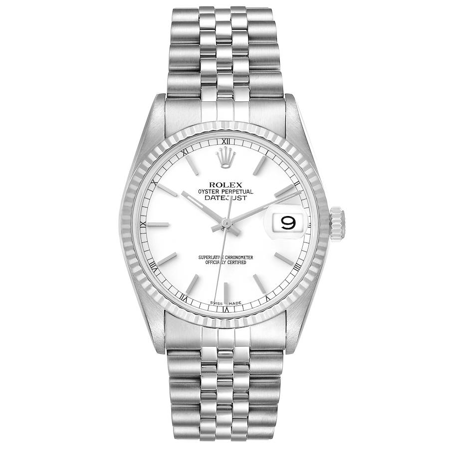 Rolex Datejust White Dial Fluted Bezel Steel White Gold Mens Watch ...