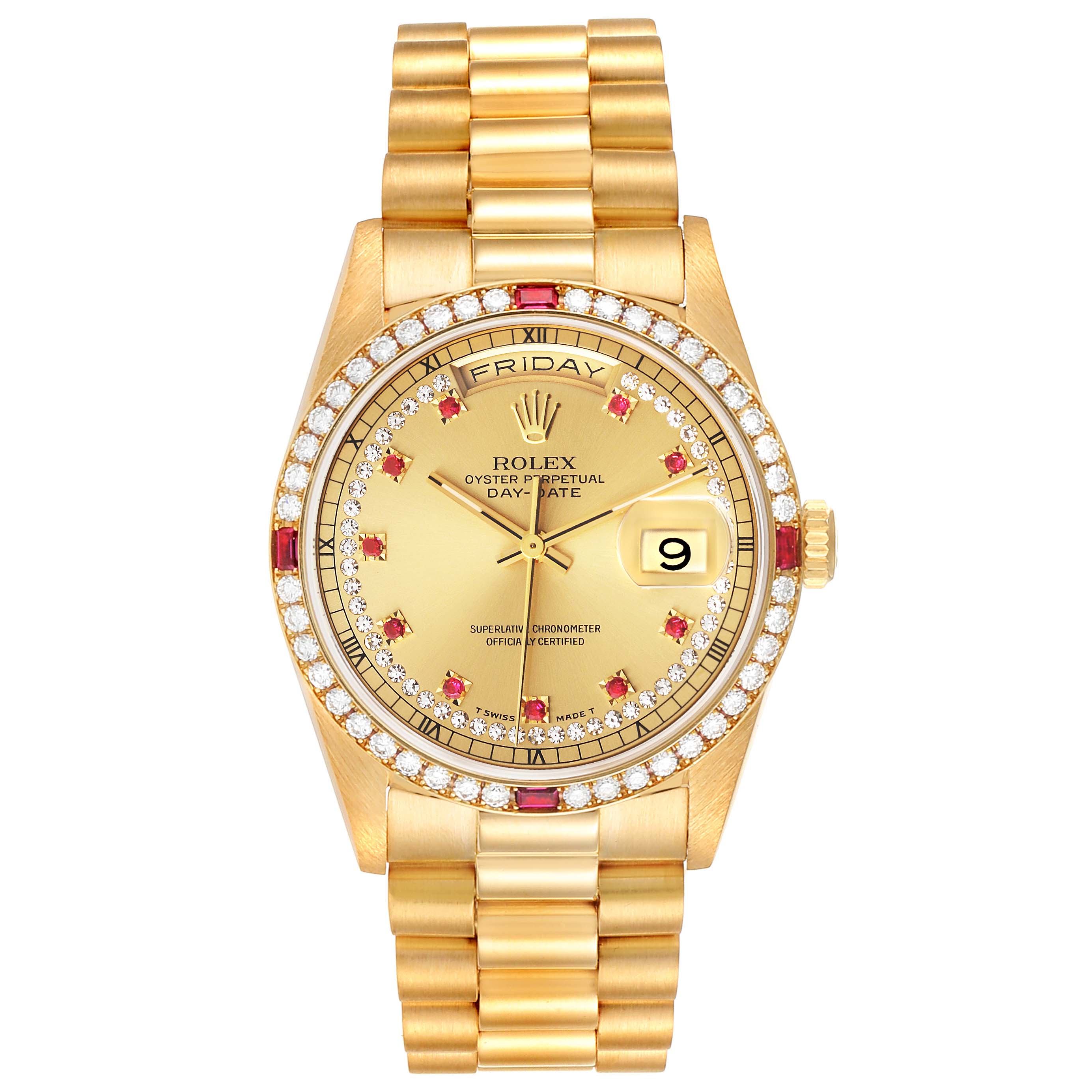 Rolex President Day-Date Yellow Gold String Diamond Ruby Dial Watch ...