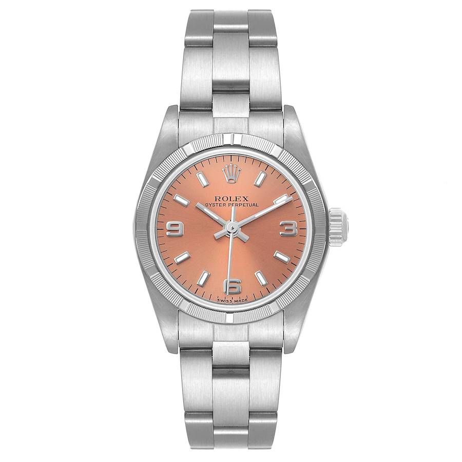 Rolex Oyster Perpetual Salmon Dial Engine Turned Bezel Steel Ladies ...