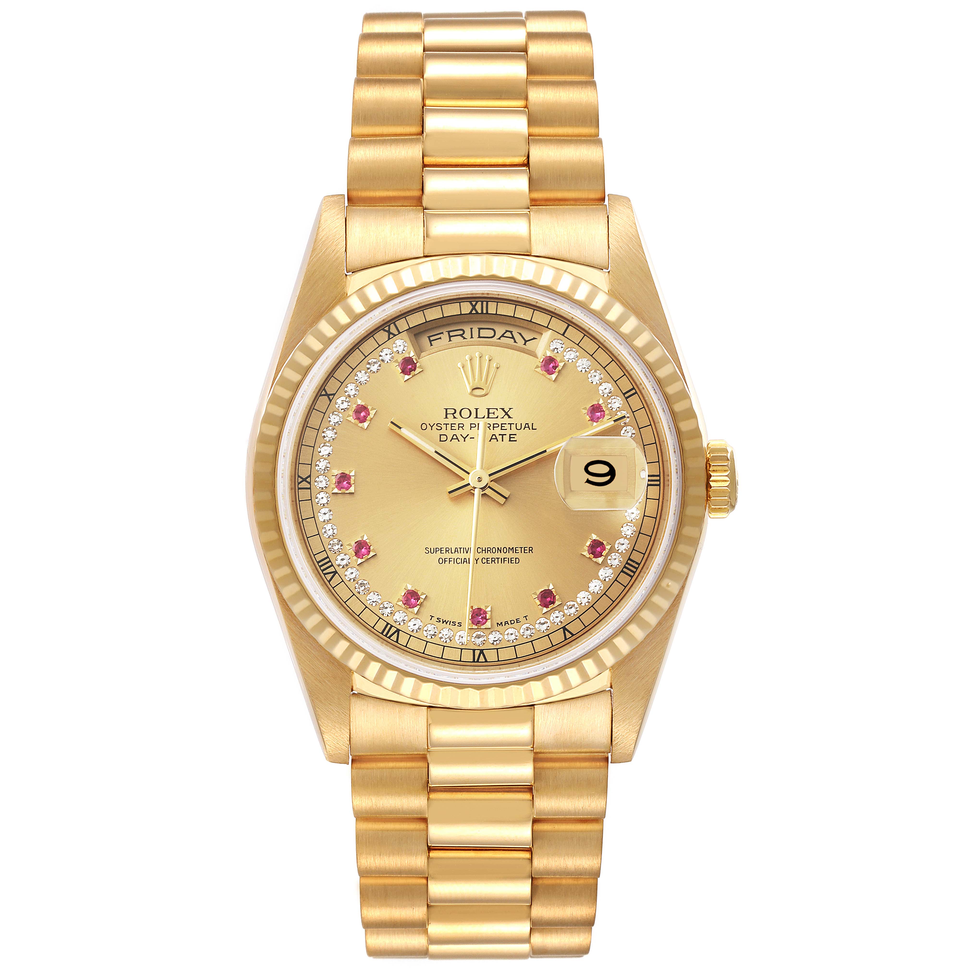 Rolex President Day-Date Yellow Gold String Diamond Ruby Dial Watch ...