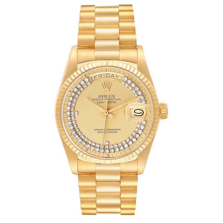 Rolex President Day-Date Yellow Gold String Diamond Dial Mens Watch ...