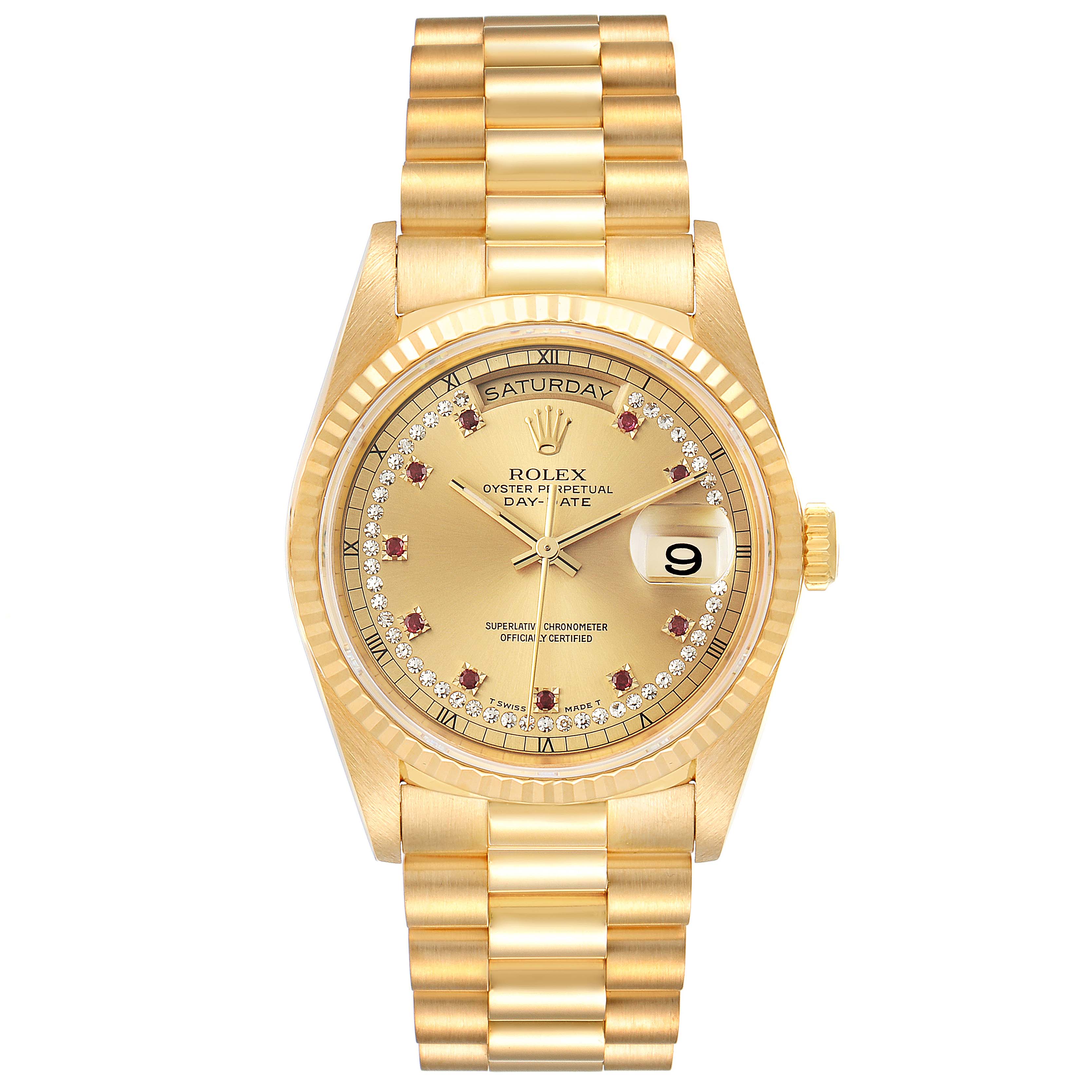 Rolex President Day-Date Yellow Gold String Diamond Ruby Dial Watch ...