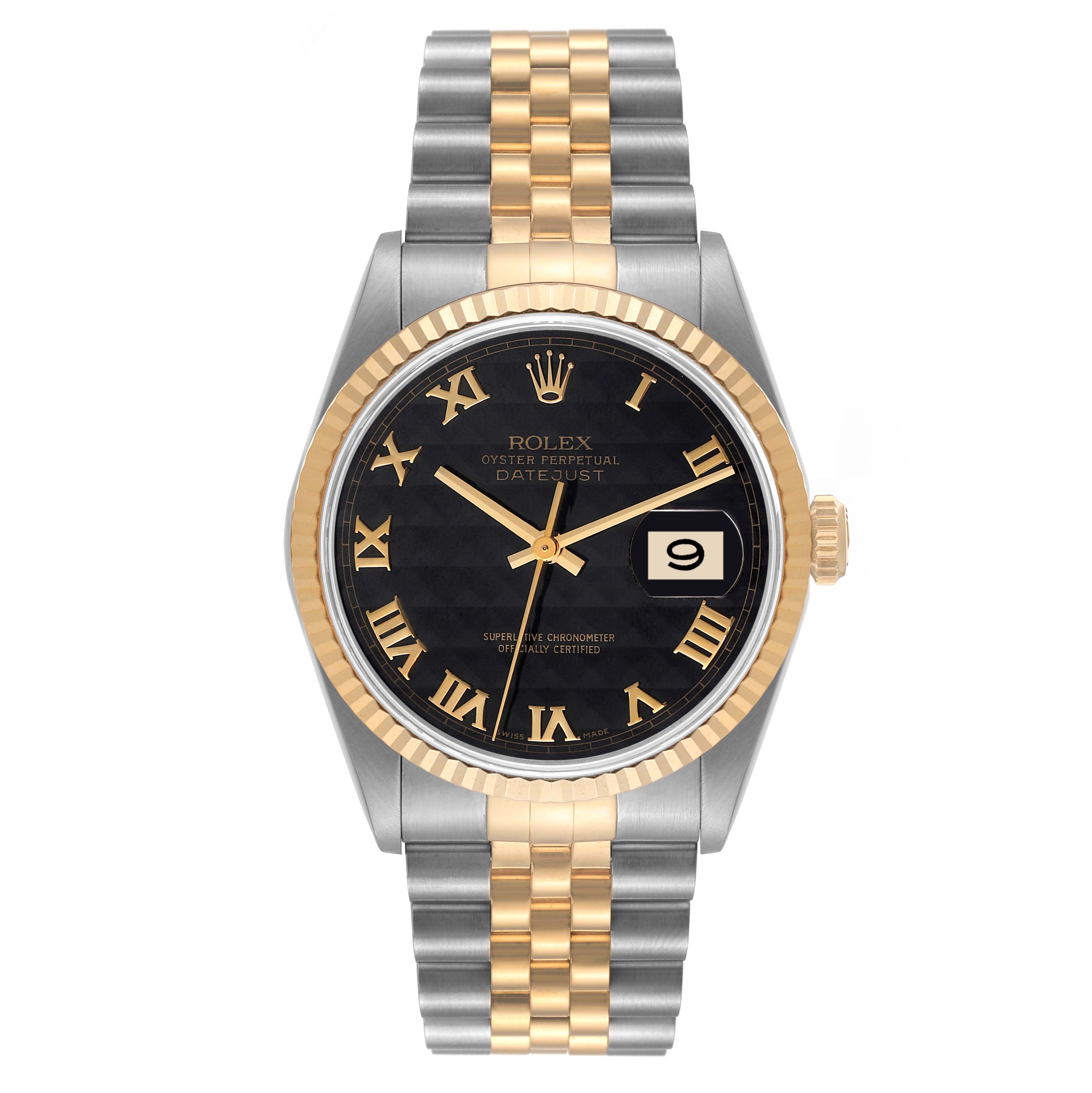 Rolex Datejust Steel Yellow Gold Black Pyramid Dial Mens Watch 16233 ...