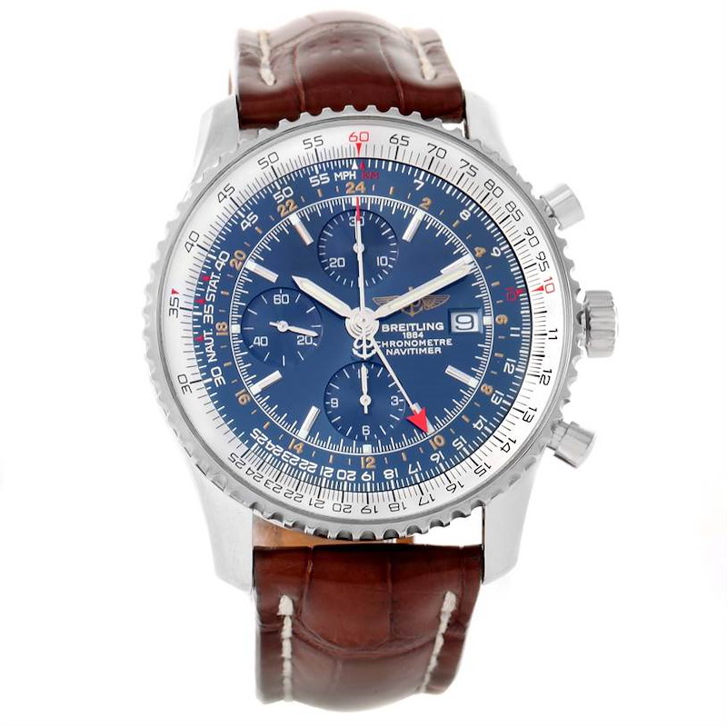 Breitling Navitimer World GMT Steel Blue Dial Brown Strap Watch A24322 ...
