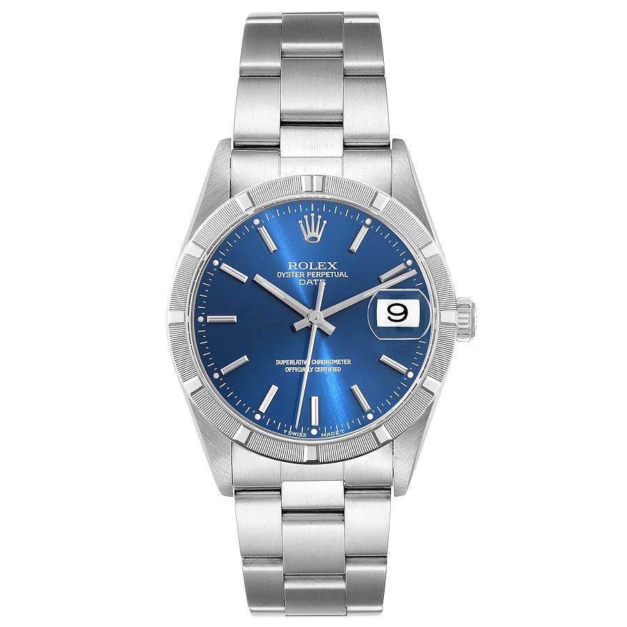Rolex Date Blue Dial Engine Turned Bezel Steel Mens Watch 15210 ...