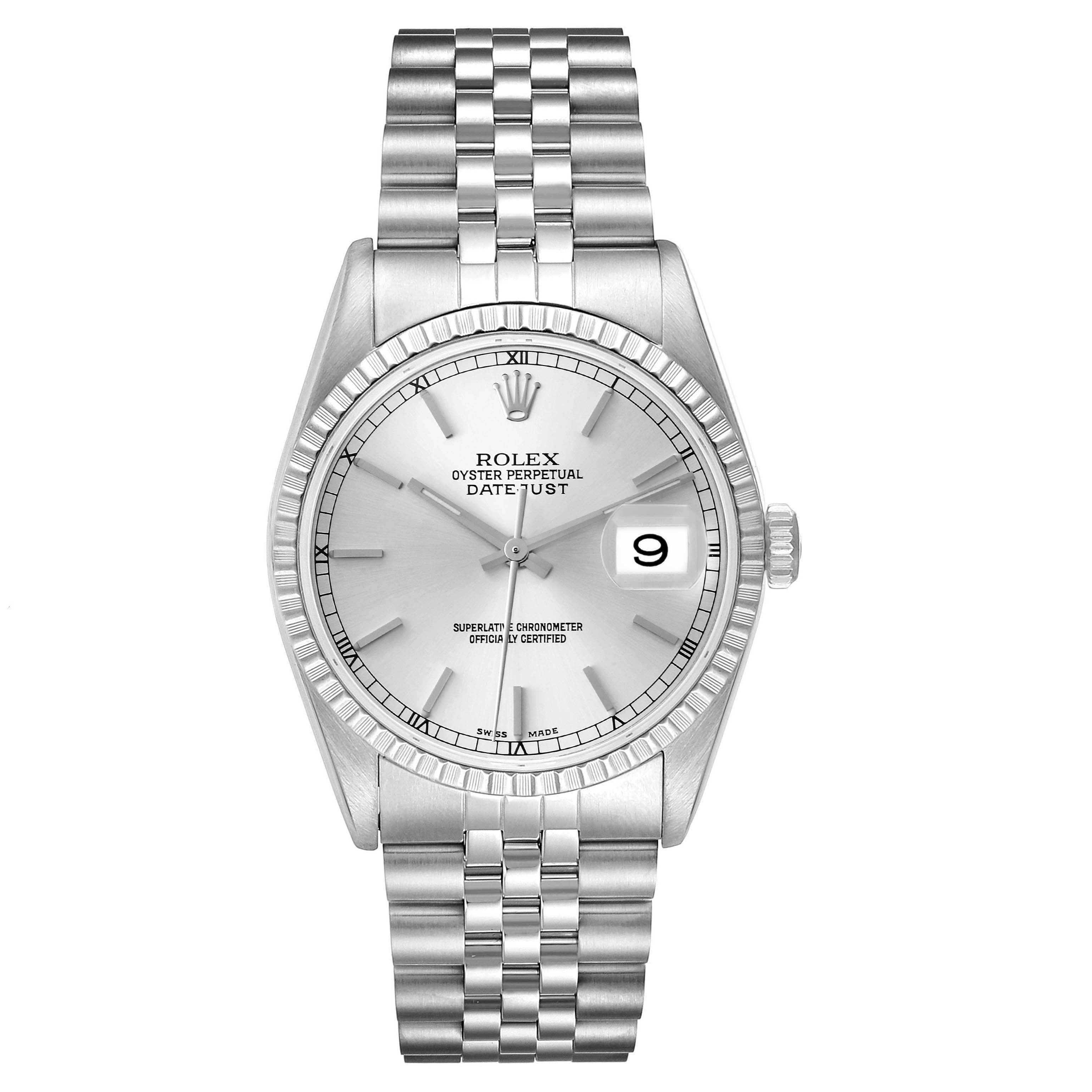 Rolex Datejust Silver Dial Engine Turned Bezel Steel Mens Watch 16220 ...