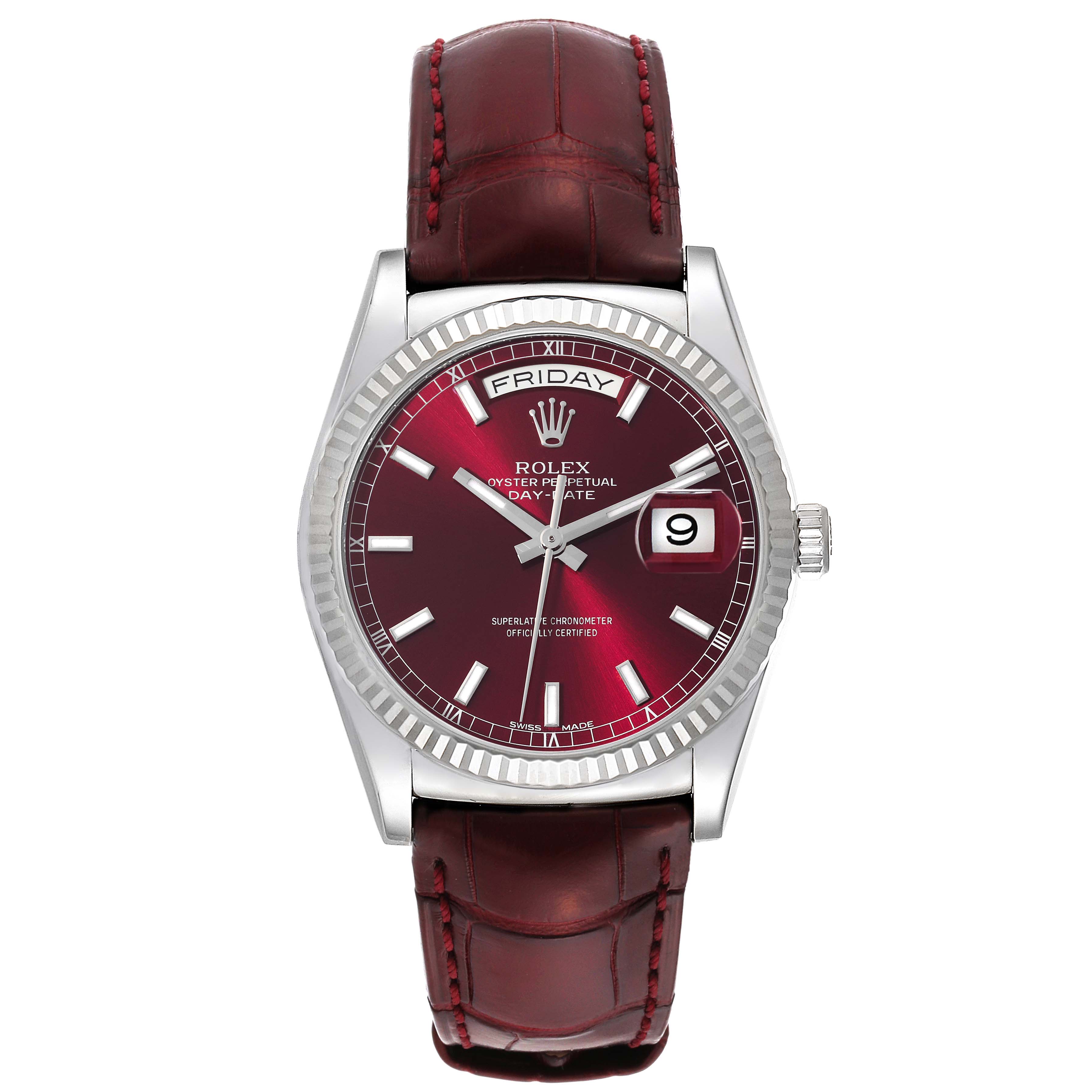 Rolex President Day-Date White Gold Burgundy Dial Mens Watch 118139 Box ...