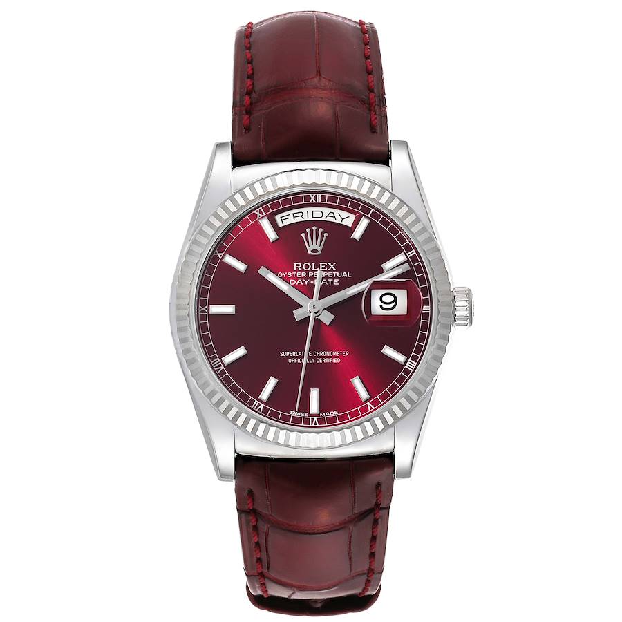 Rolex President Day-Date White Gold Burgundy Dial Mens Watch 118139 Box ...