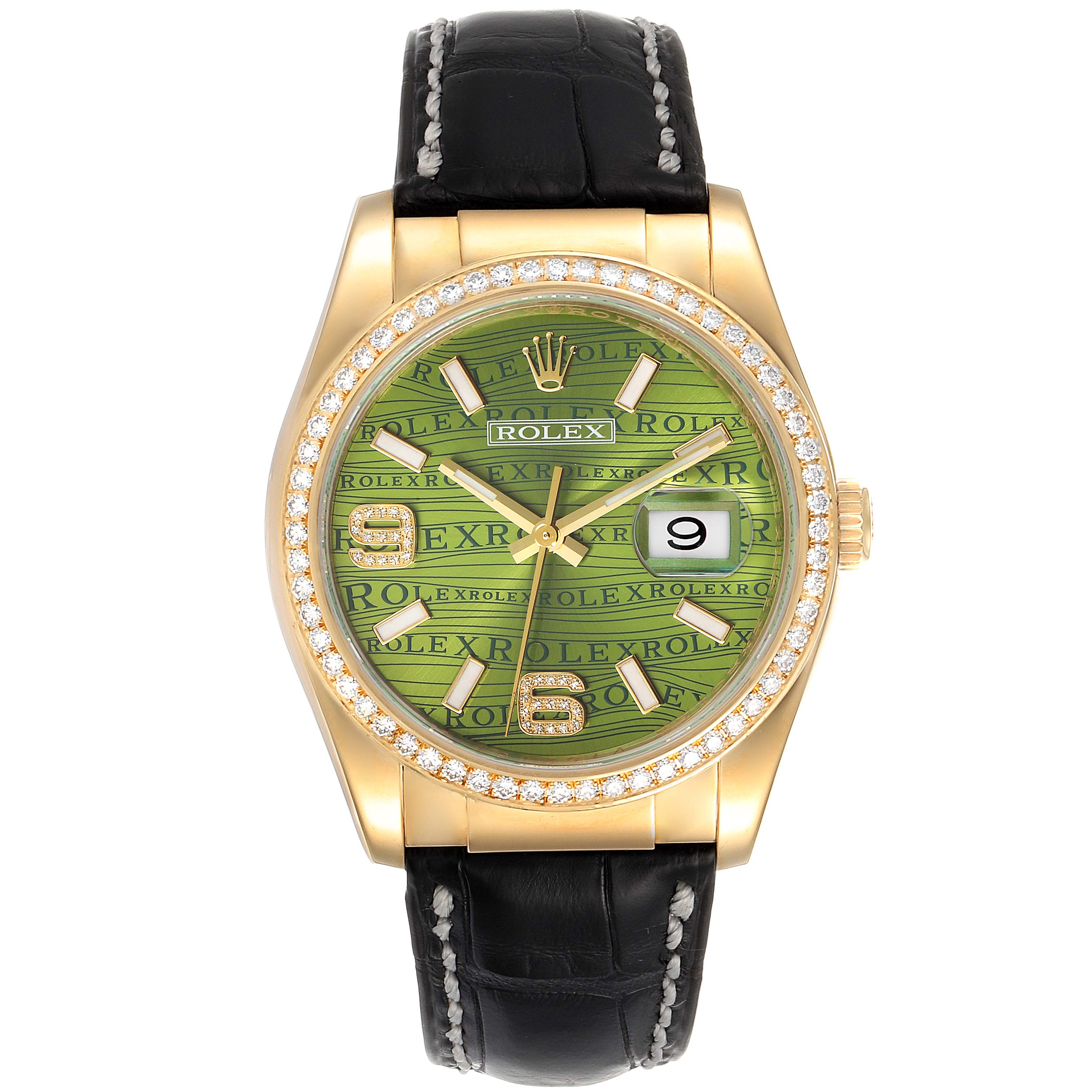 Rolex Datejust Yellow Gold Green Wave Dial Diamond Mens Watch 116188 ...