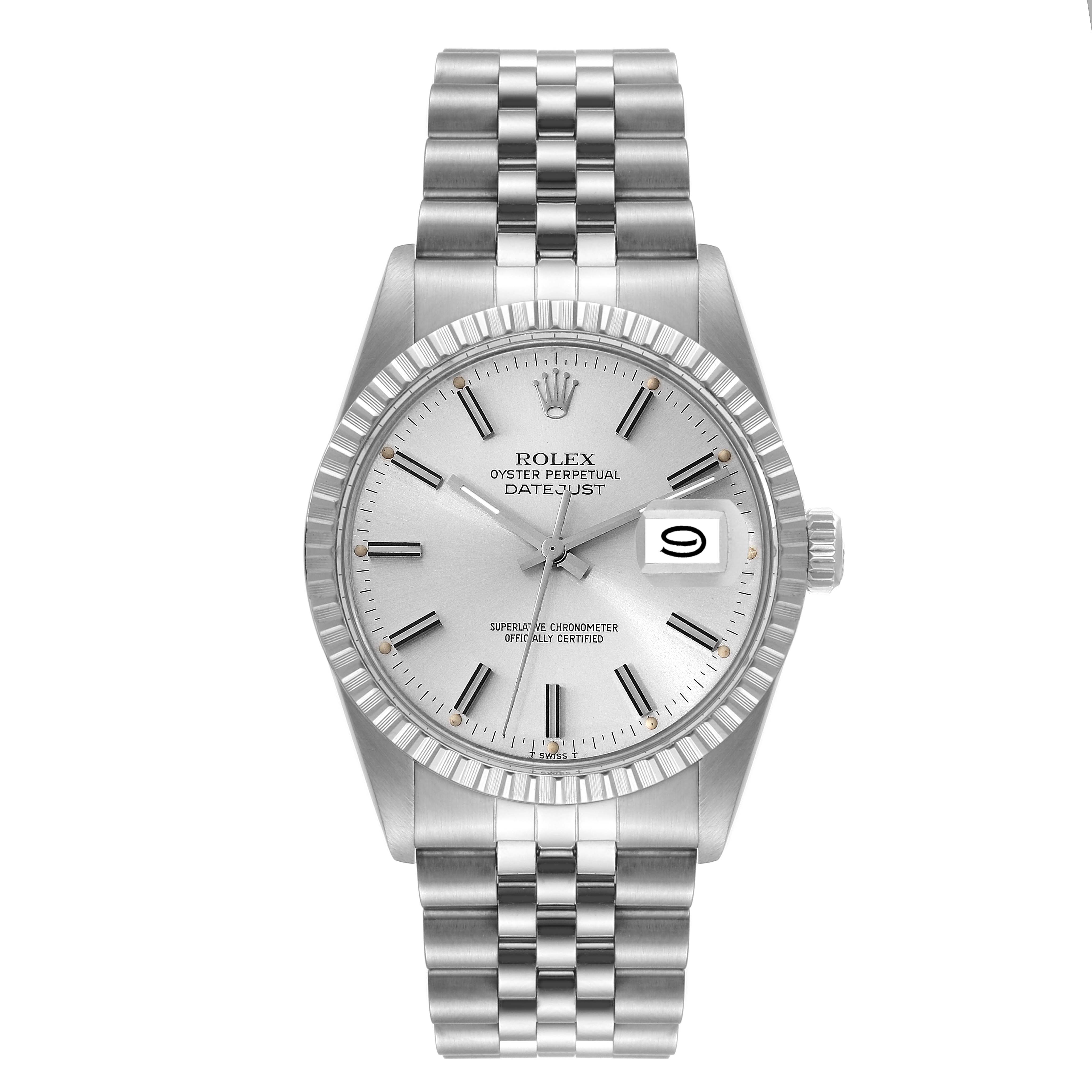 Rolex Datejust Steel Silver Dial Engine Turned Bezel Vintage Mens Watch ...