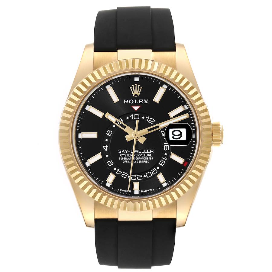 Rolex Sky-Dweller Yellow Gold Black Dial Oysterflex Mens Watch 336238 Box Card | SwissWatchExpo