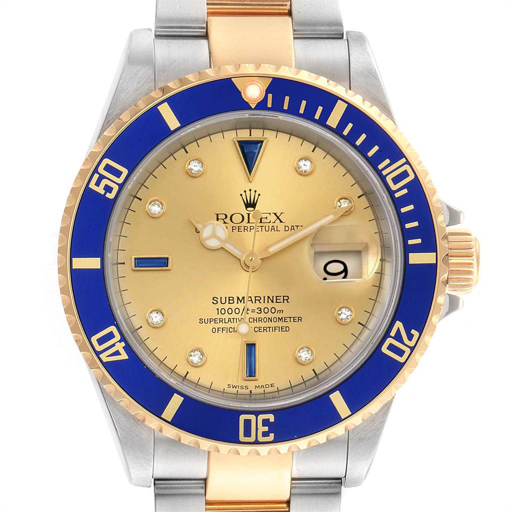 Rolex Submariner Steel Gold Diamond Sapphire Serti Dial Mens Watch ...