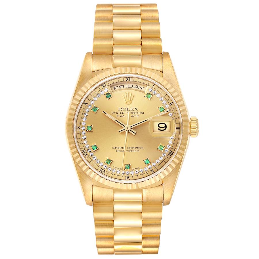 Rolex Day-Date President Yellow Gold String Diamond Emerald Mens Watch ...
