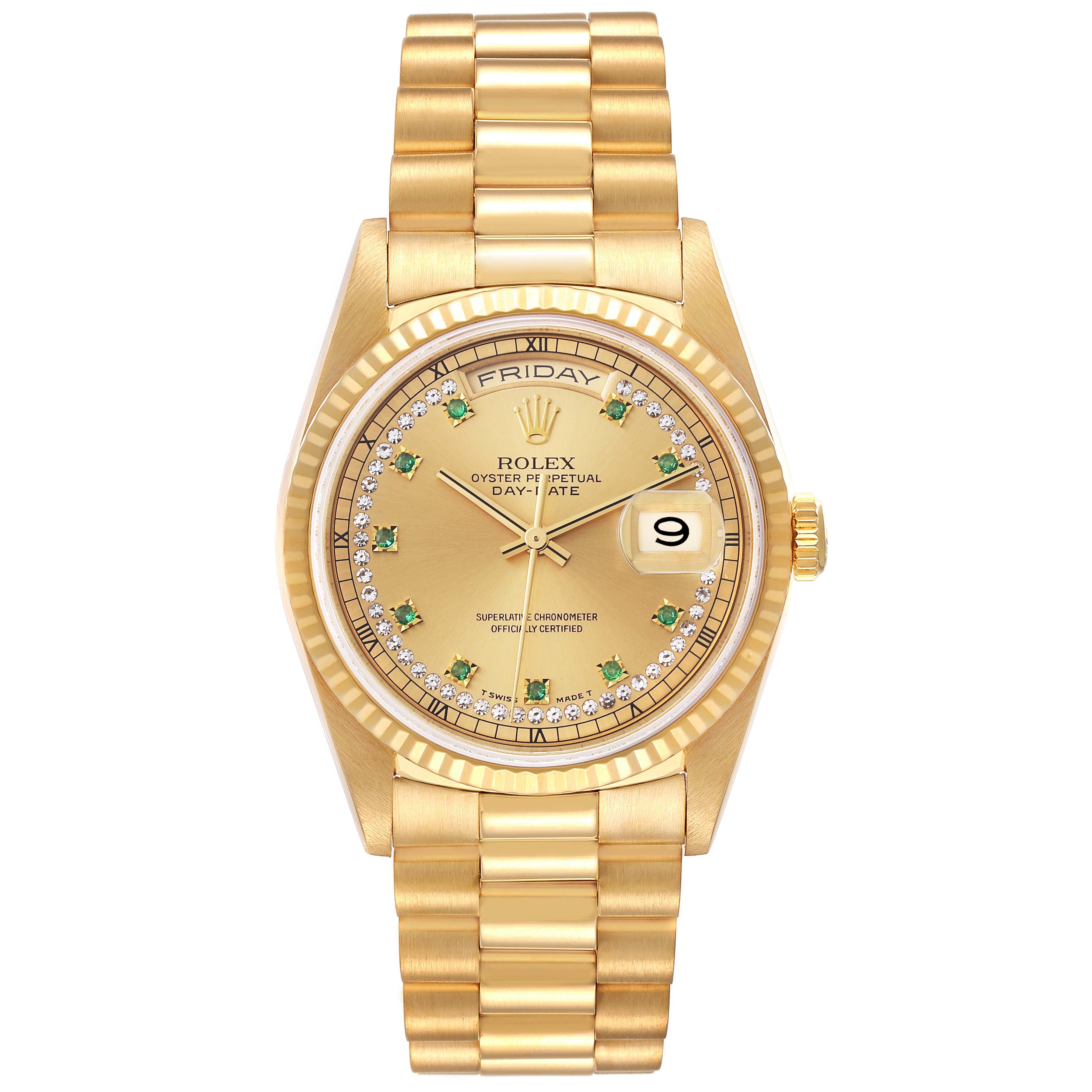 Rolex Day-Date President Yellow Gold String Diamond Emerald Mens Watch ...