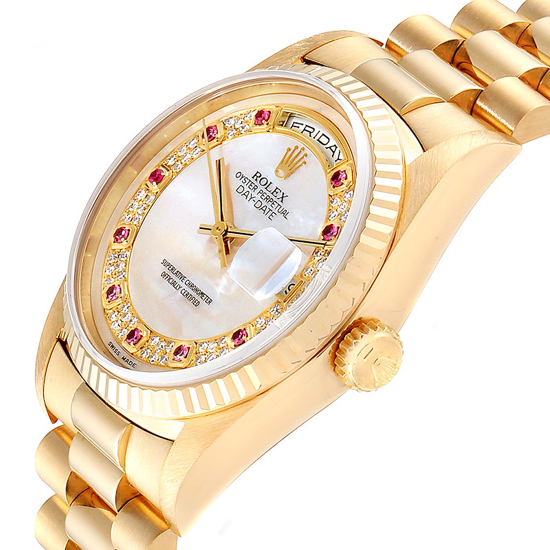 Rolex President Day-Date Gold MOP Myriad Diamond Ruby Mens Watch 18238 ...