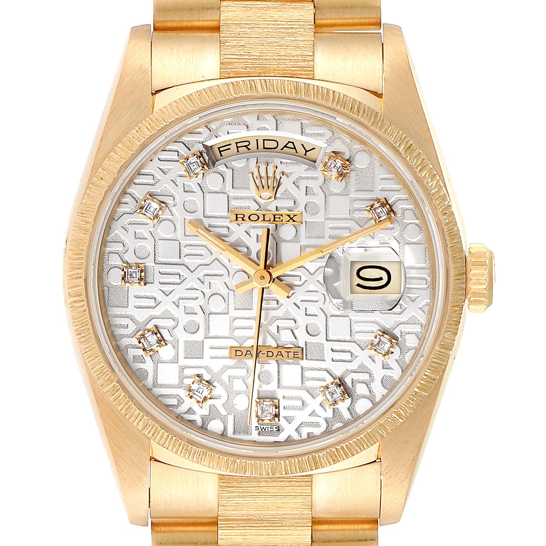 Rolex President Day-Date Yellow Gold Bark Finish Diamond Mens Watch ...