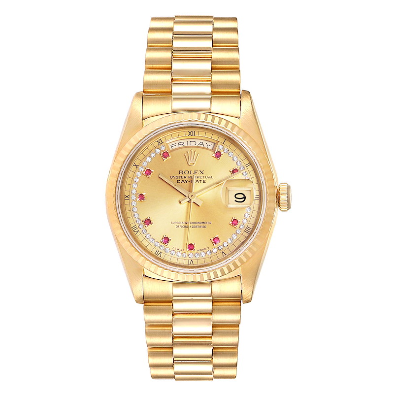 Rolex President Day-Date Yellow Gold String Diamond Ruby Dial Watch ...