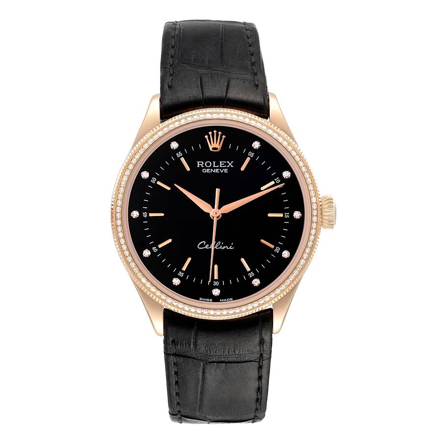 Rolex Cellini Time 18K Rose Gold Black Dial Diamond Mens Watch 50605 ...