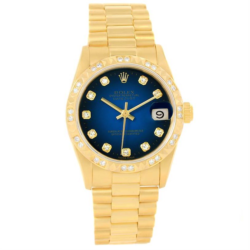 Rolex President Datejust Midsize 18K Yellow Gold Diamond Watch 68258 ...