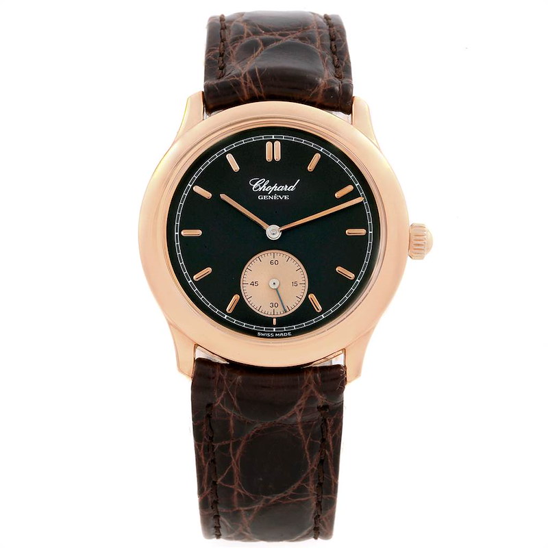 Chopard Classique Rose Gold Black Dial Brown Strap Mens Watch 16-1168 ...
