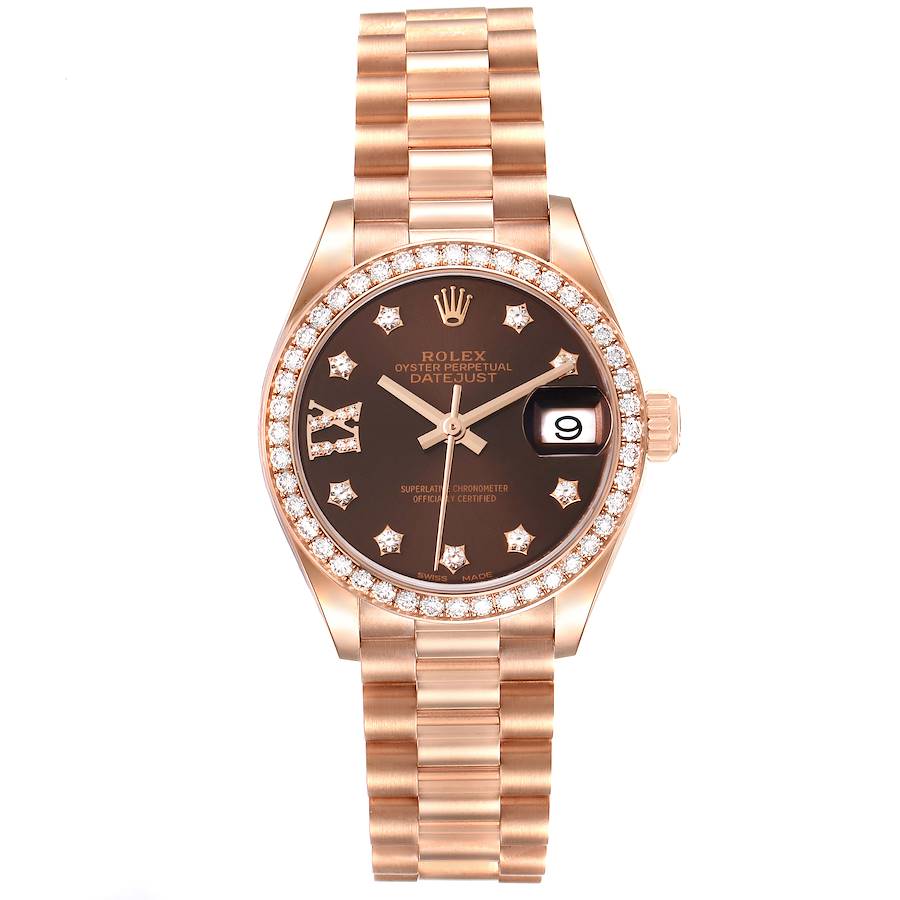 Rolex President 28 Rose Gold Chocolate Diamond Dial Ladies Watch 279135 ...