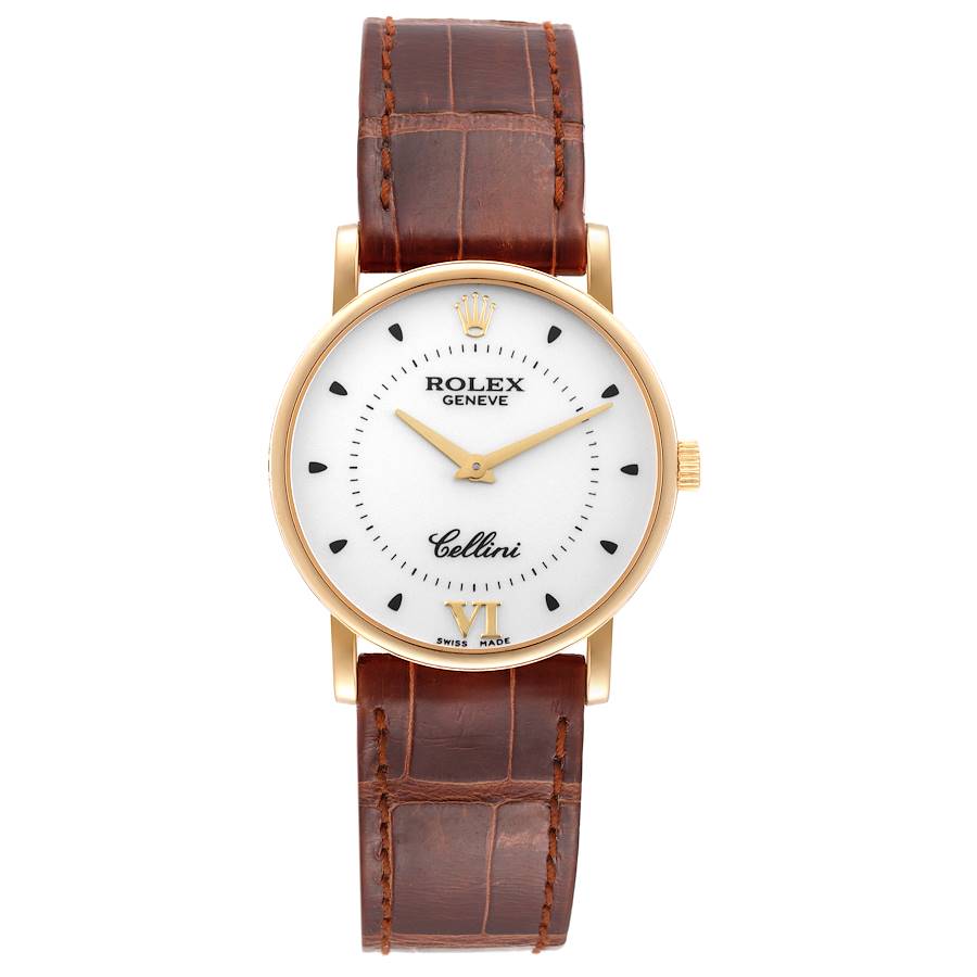 Rolex Cellini Classic Yellow Gold Silver Dial Brown Strap Mens Watch 5115 Papers | SwissWatchExpo