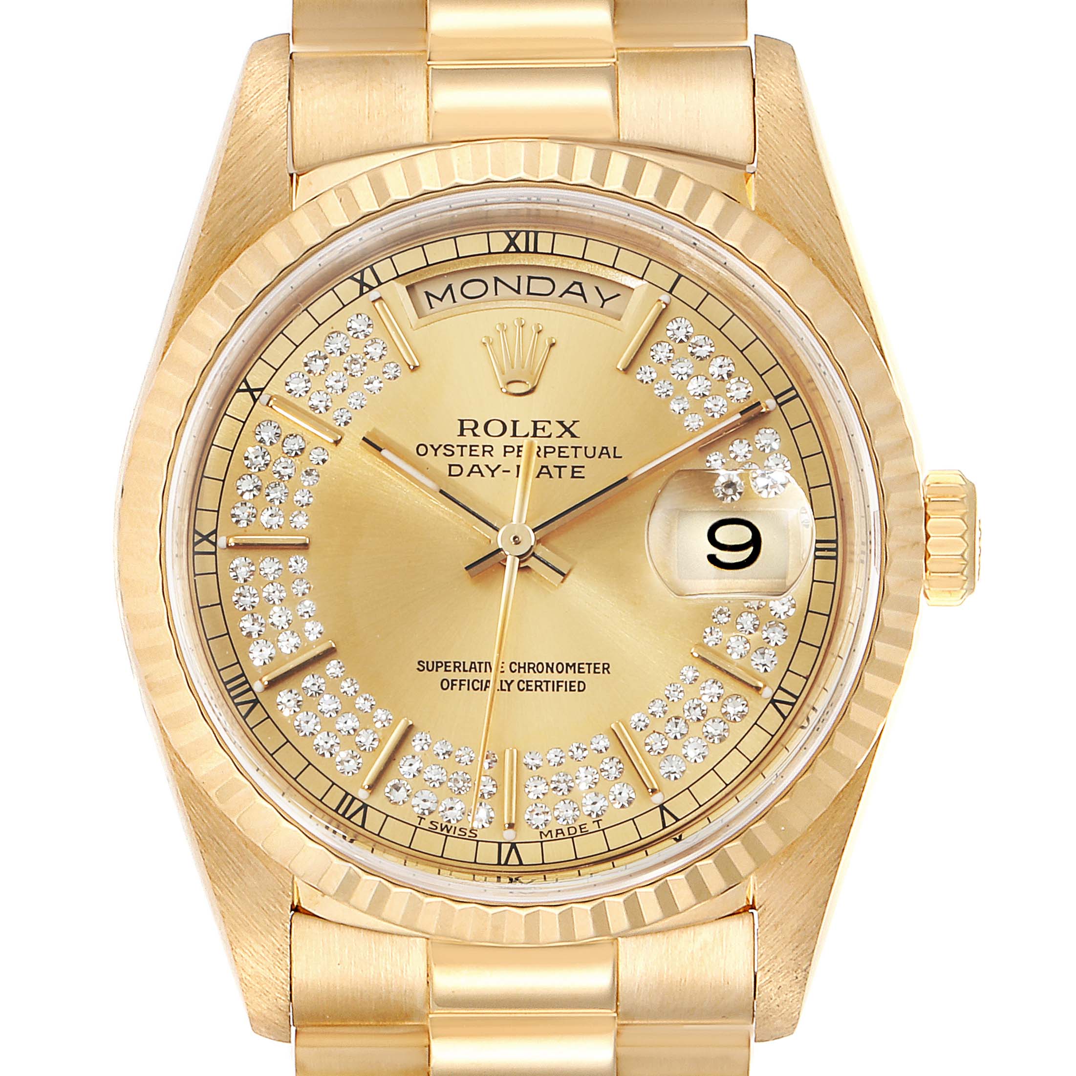 Rolex President Day-Date Yellow Gold String Diamond Dial Mens Watch ...